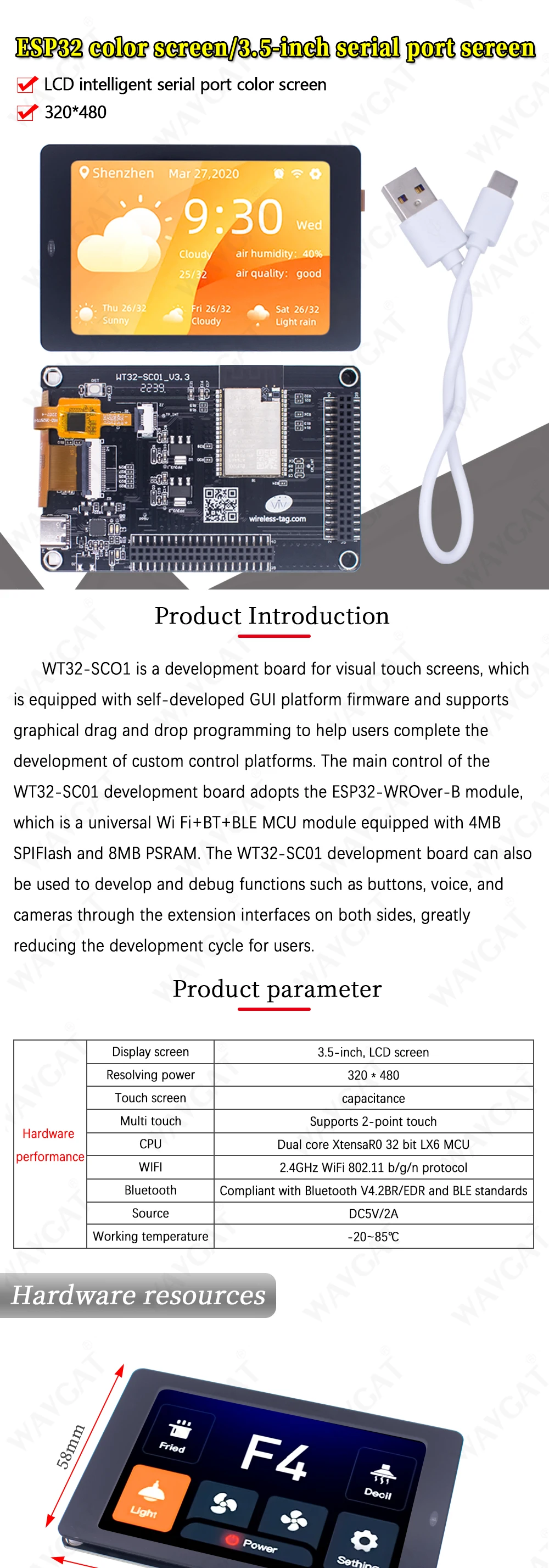 ESP32 Development Board WT32-SC01 With 3.5 inch 320X480 Capacitive Multi-Touch LCD Screen Built ...