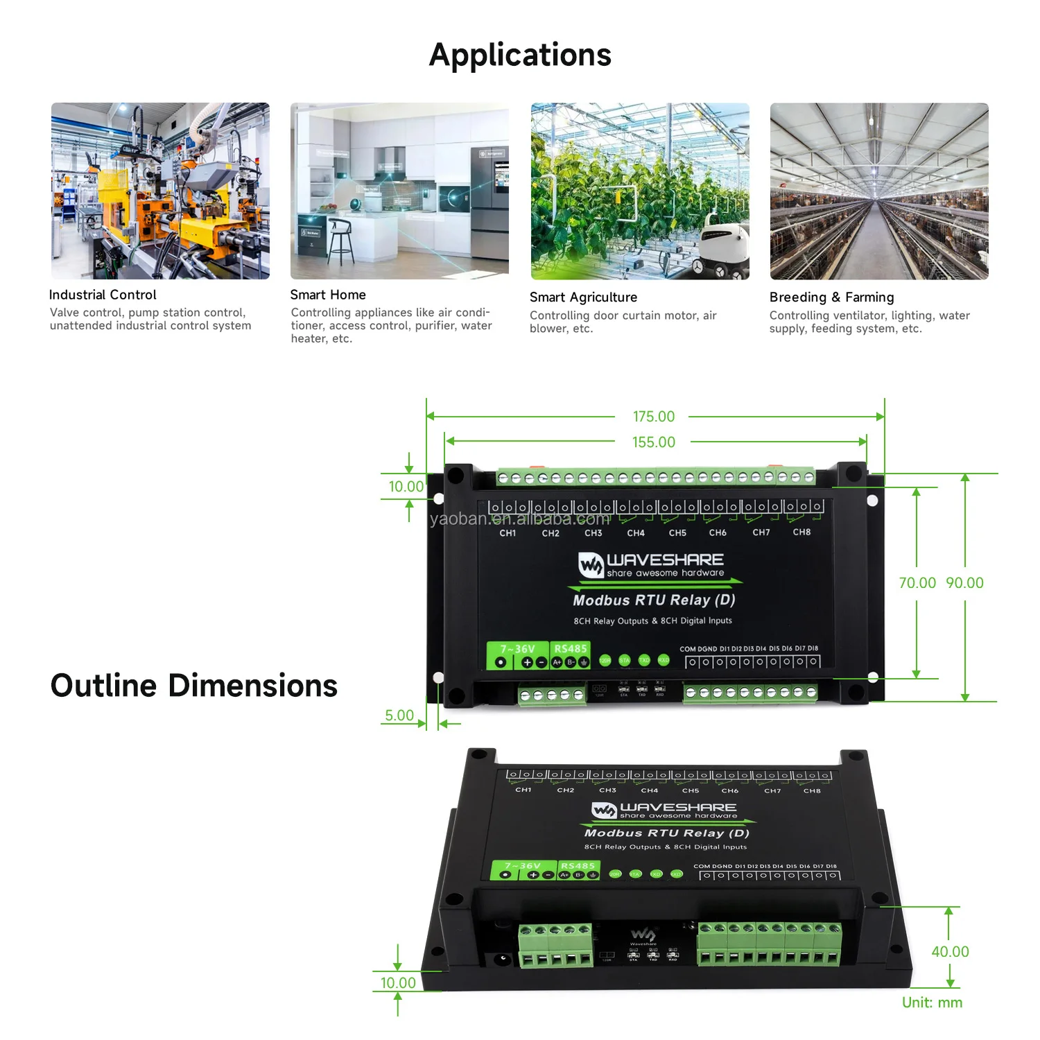 Waveshare Industrial Modbus Rtu 8-ch Relay Module (d) With Digital ...