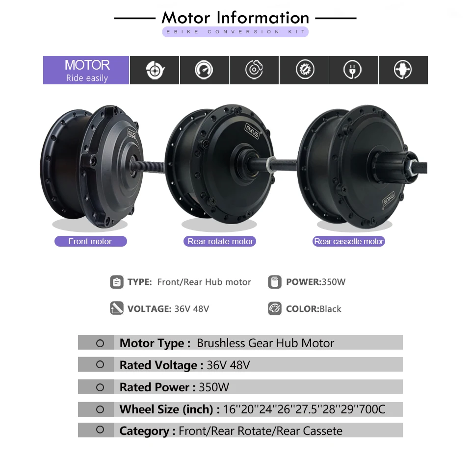 Mxus Electric Bicycle Motor 350w 36v 48v Brushless Gear Hub Motor Front ...