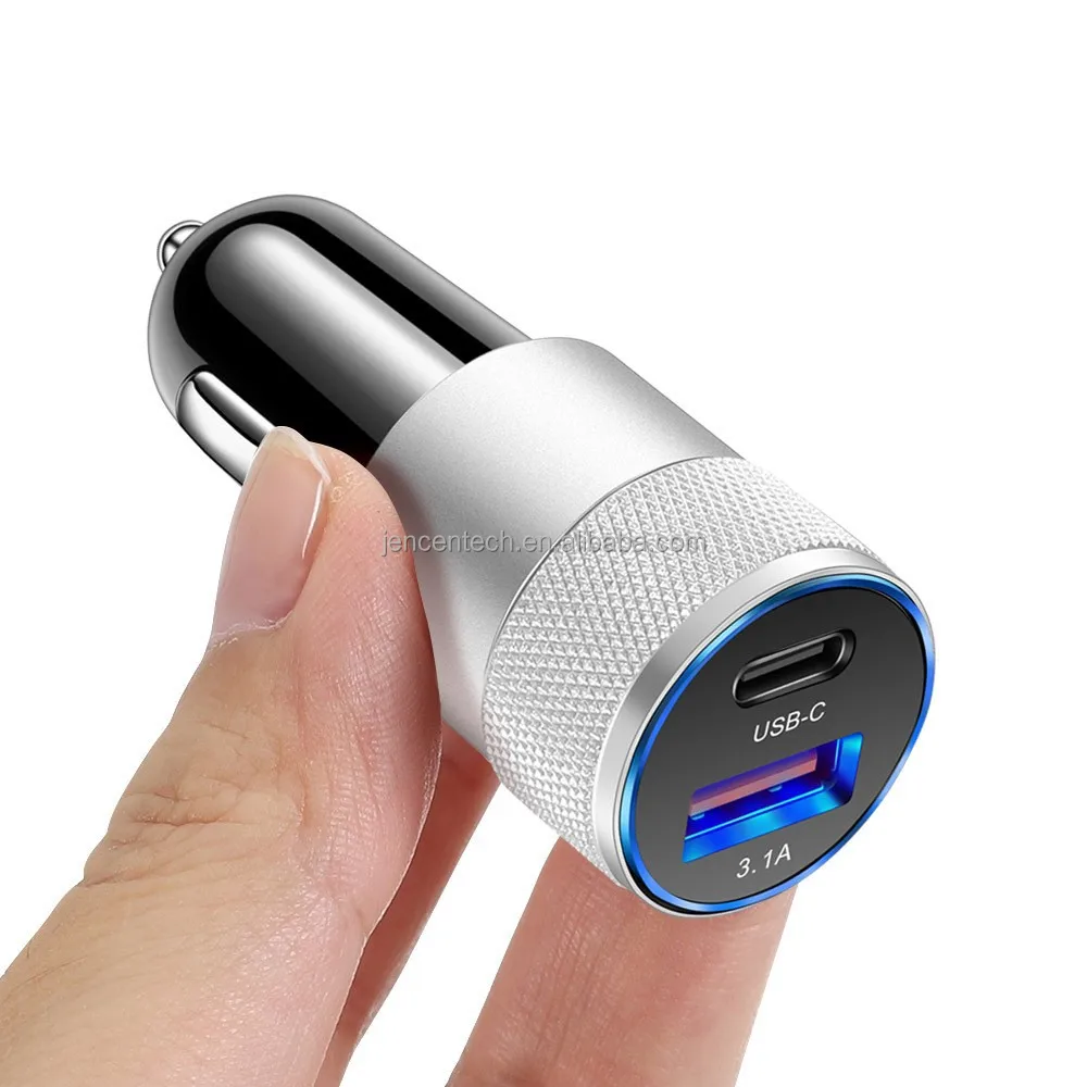 2IN1 Aluminum Alloy New PD TYPE C 15w 18w Car Charger Type-C + USB 3.1a ...