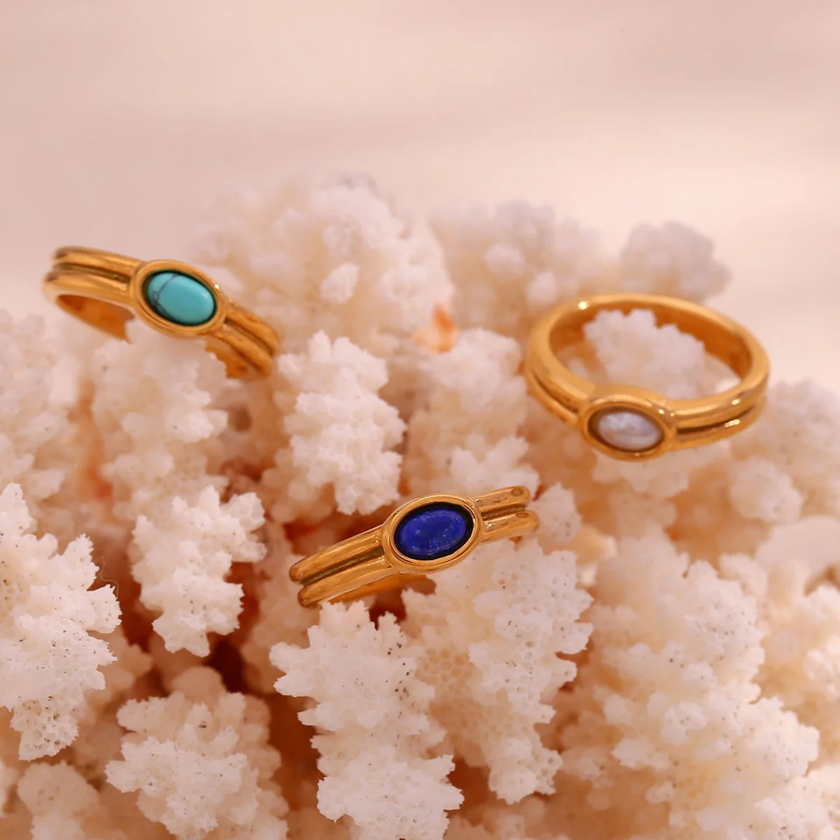 Dainty Oval Gemstone Signet Ring Water Proof Jewelry PVD Gold Plated ...