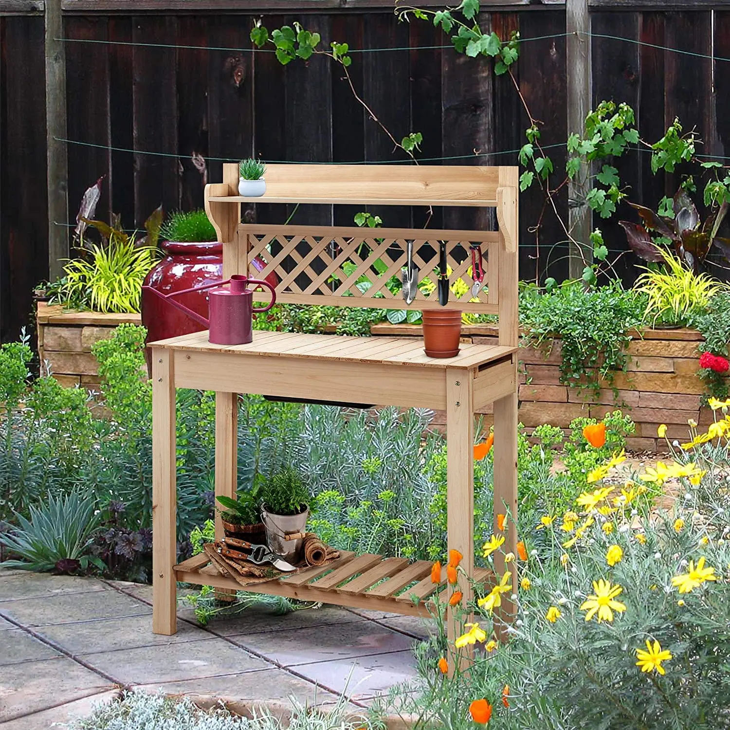 Garden Workstation Wooden Potting Bench With Storage Space Hidden Sink ...