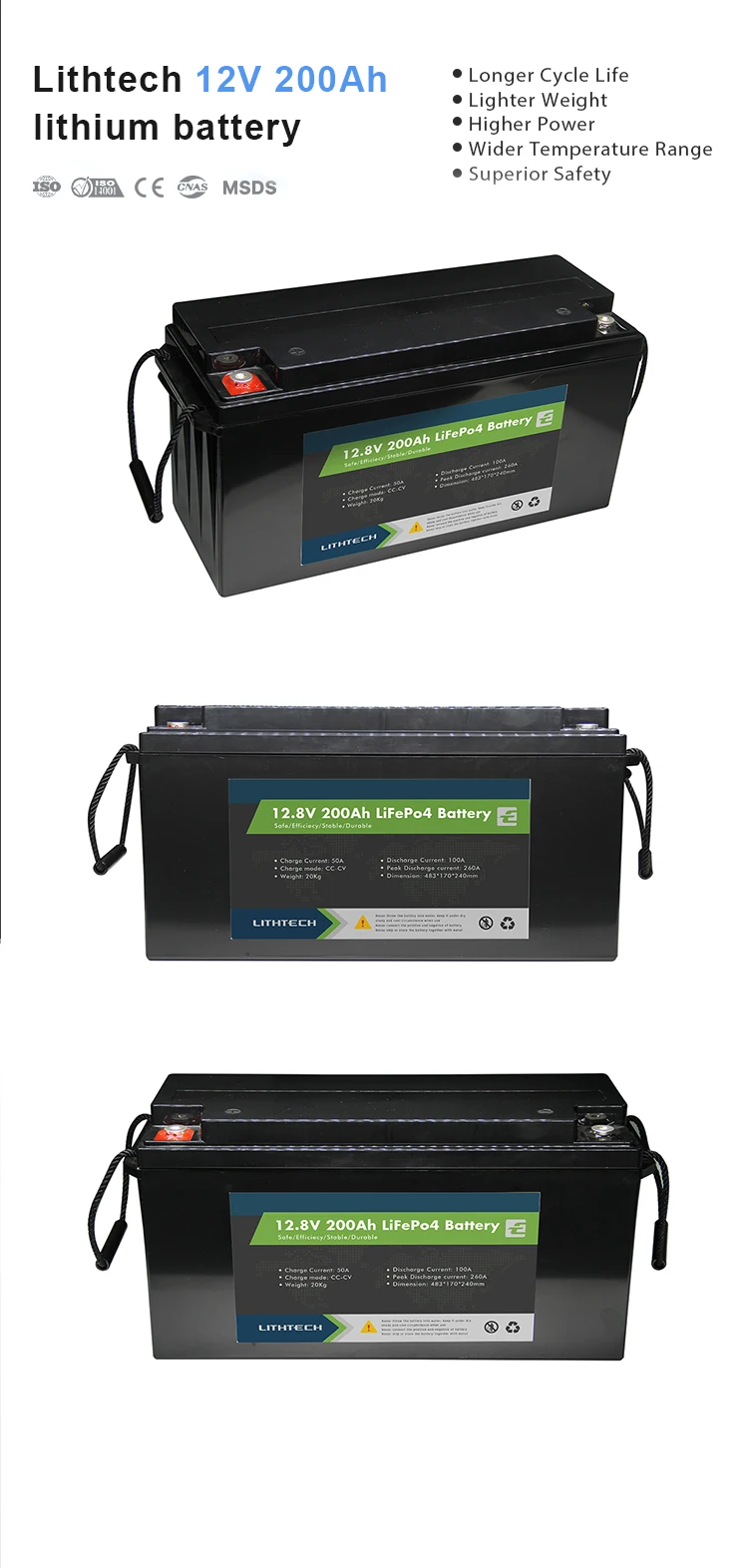 LITHTECH Deep Cycles Lifepo4 Batteries Lithium 12v 200ah Lithium Iron ...