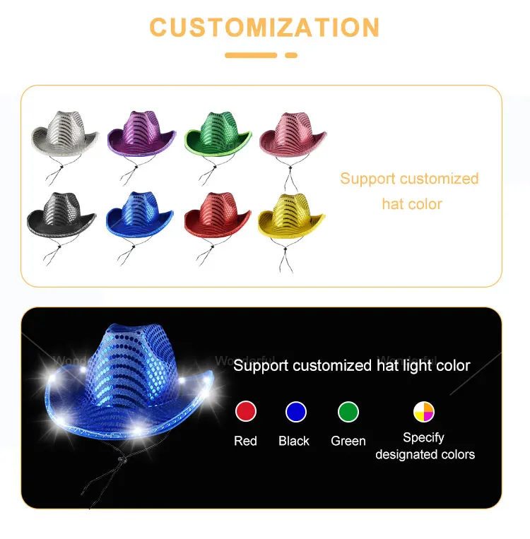 LED Cowboy Hats with Silver Sequins - Perfect for Parties