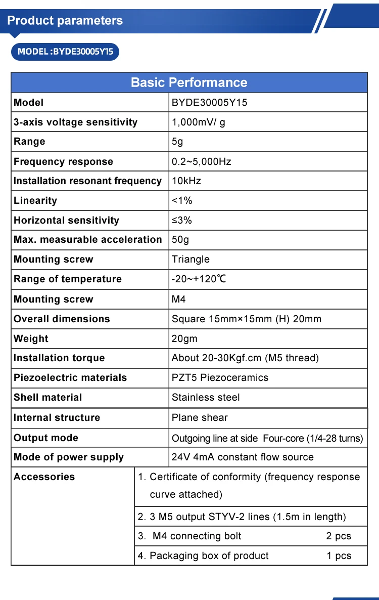 Byde30005y15 Tri Axial Accelerometer Icp Piezoelectric Vibration Sensor Acceleration Sensor