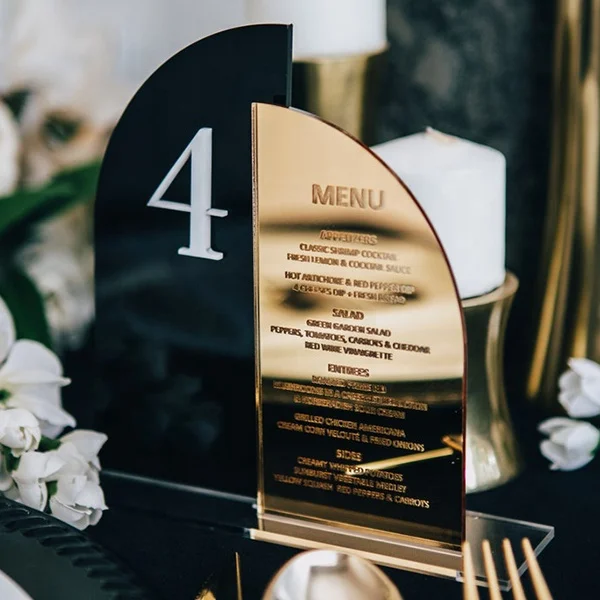 Double Half Arched Black Gold Mirror Wedding Menu Sign