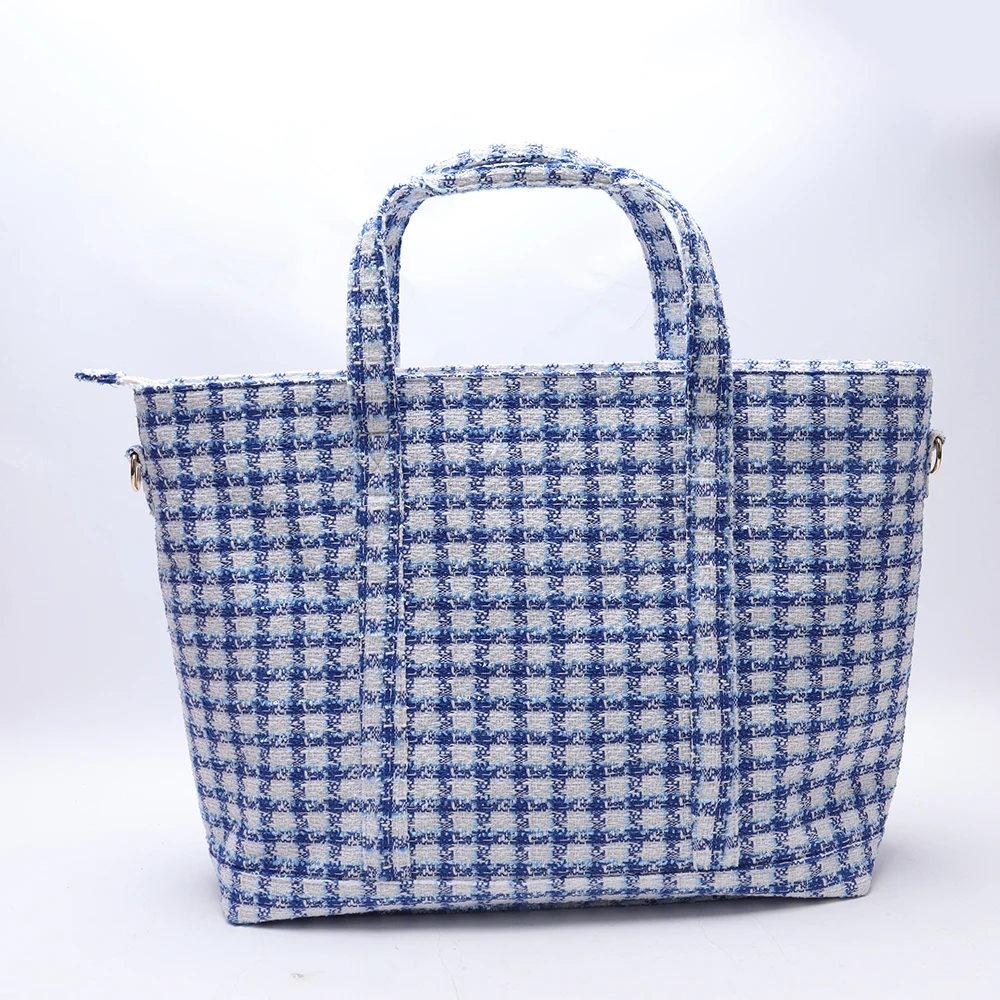 Classic Tweed Fabric Women Tote Blue Beige Plaid Zipper Closure Tote ...