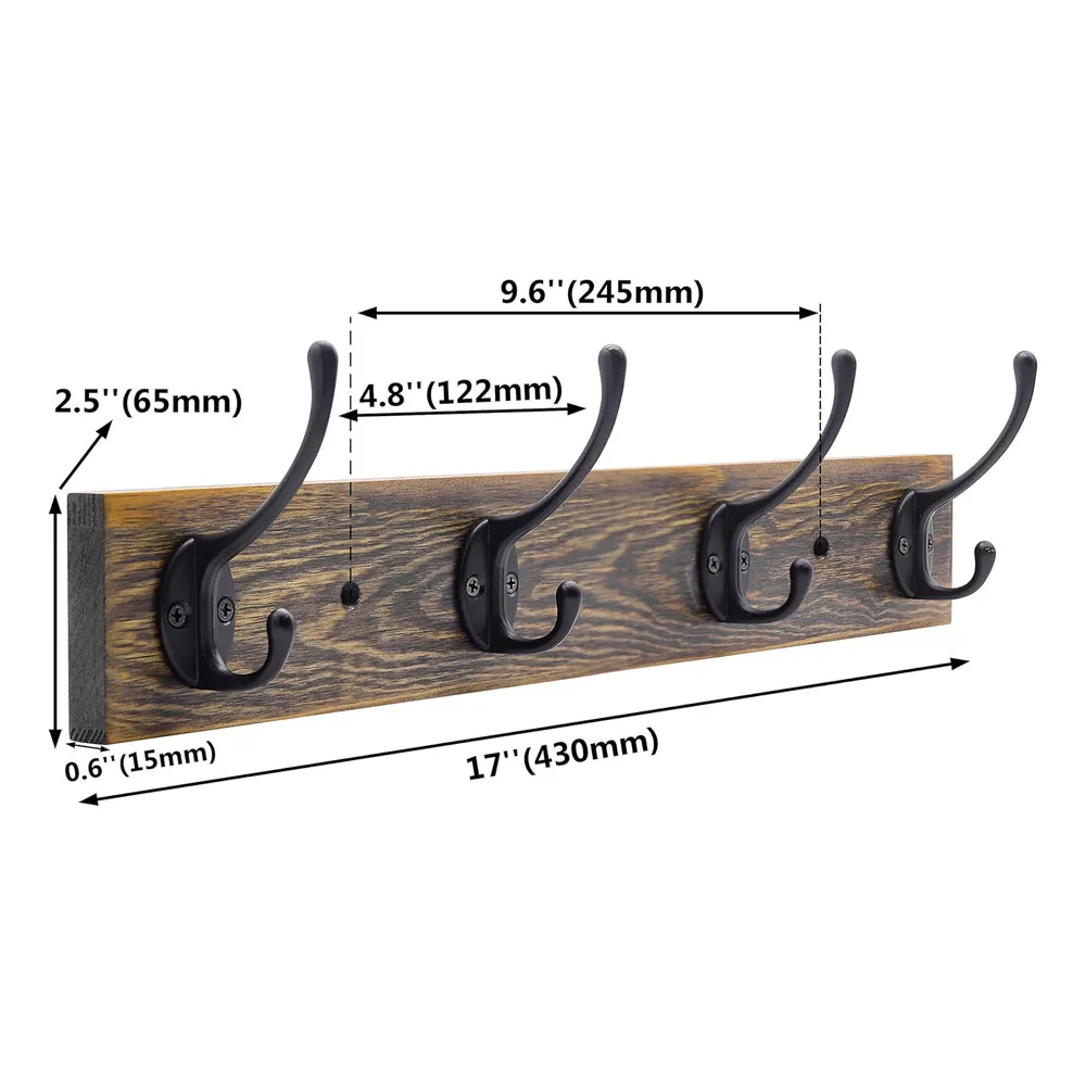 Rustic Wood Wall Mounted Coat Rack Entryway Hanging Metal Hook Wood ...