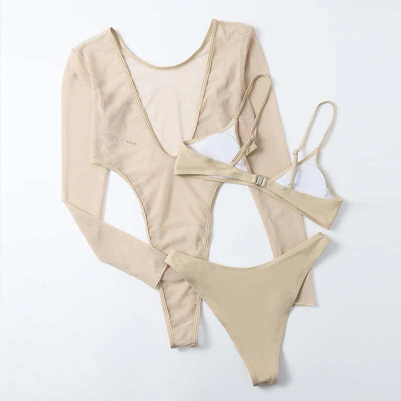 Beach Swimsuit Long Sleeve Bikini Mesh Splice Swimsuit Ladies Women ...