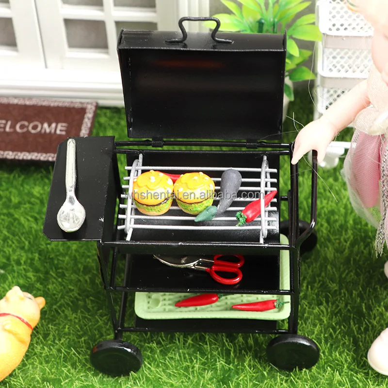 1:12 Doll House Simulation Model Mini Black Barbecue Car And Food Mini ...