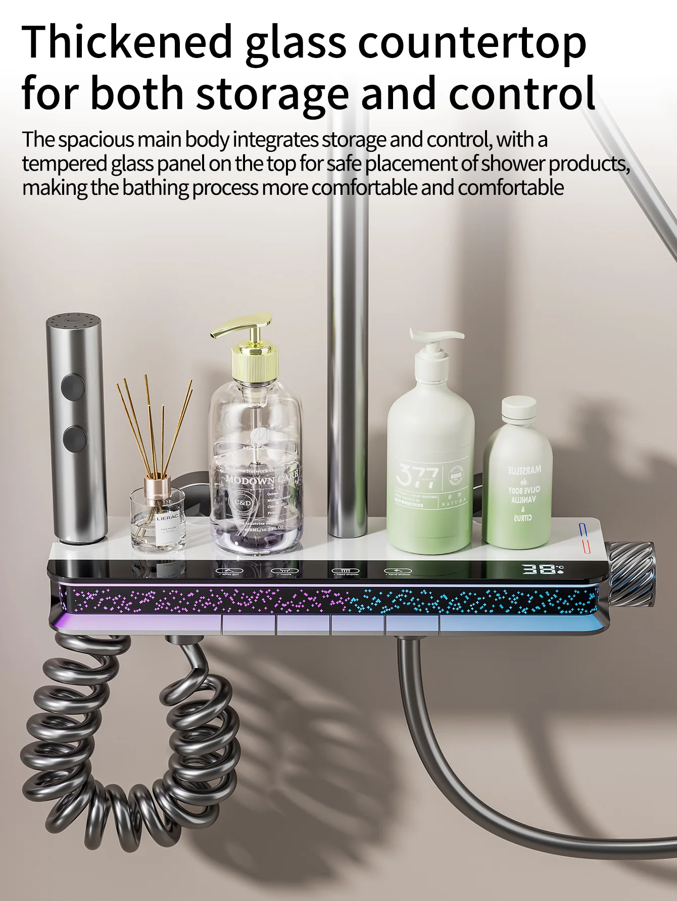 Luxury LED Piano Shower Set with Temperature Display Rain and Waterfall ...