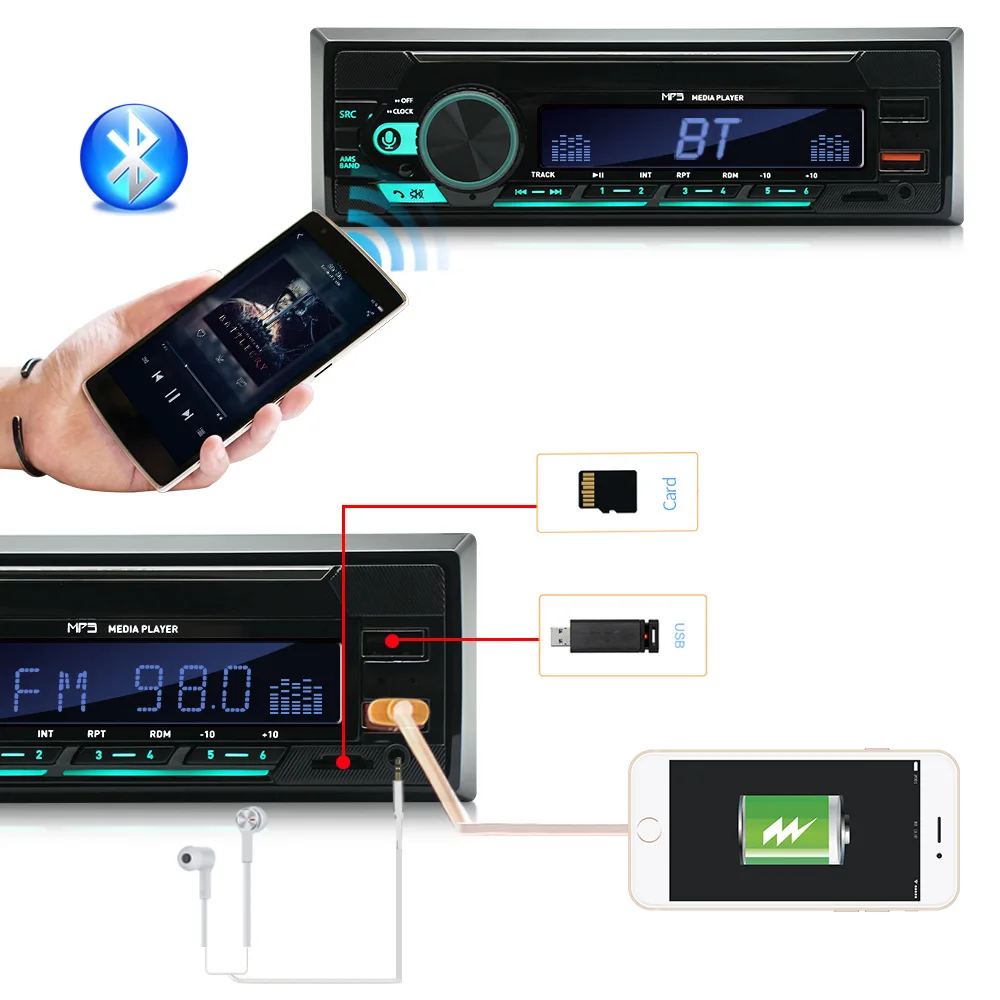 Din Tone Tuning Car Radio 12v Bluetooth Bt Fm Usb Charge Sd Tf Card Aux ...