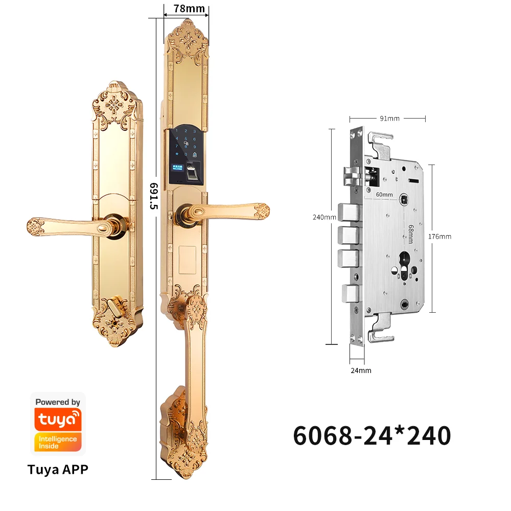 22k Gold Plated Brass Entrance Digital Handle Lock Luxury Copper Forged ...
