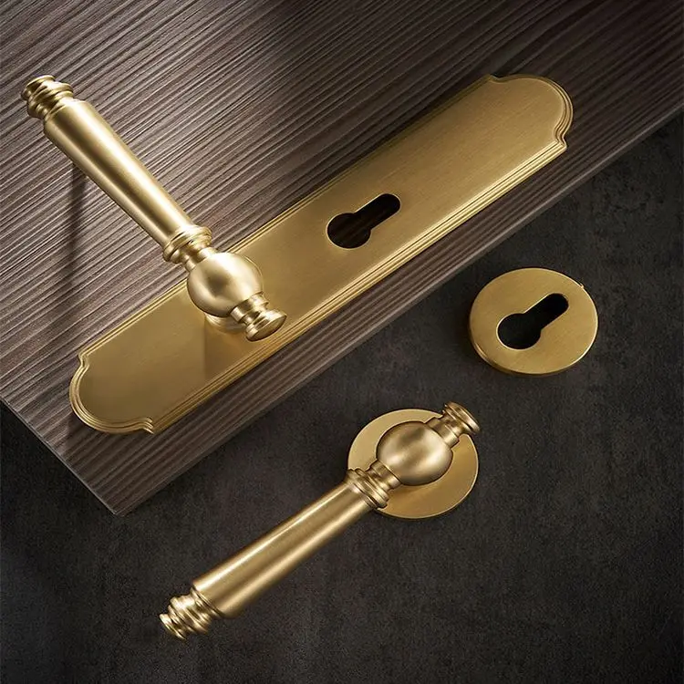 Home Bedroom Siamese Split Brushed Solid Brass Door Handle With Lock ...