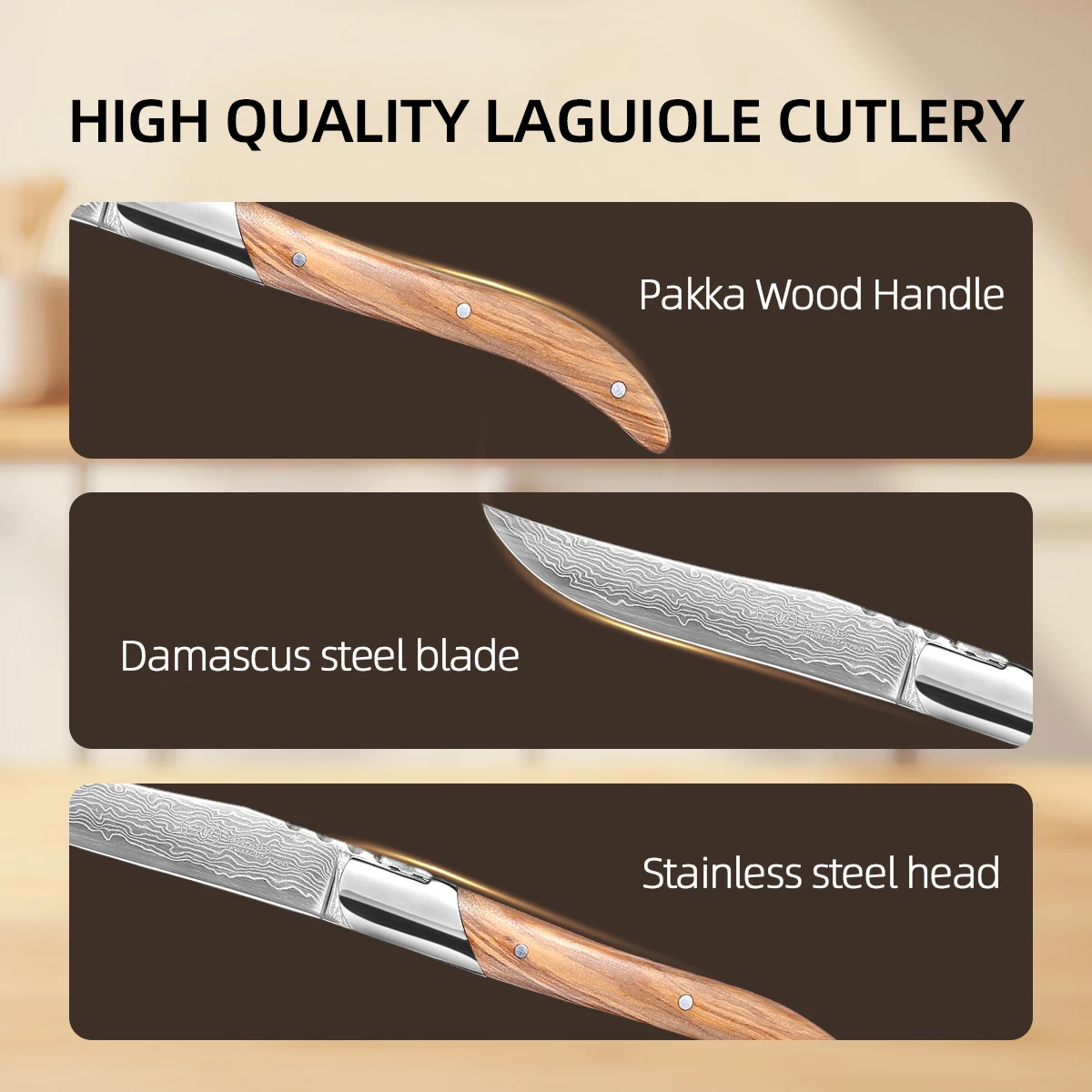 Luxury Damascus Steel Laguiole Flatware Set-Steak Knife and Fork with ...