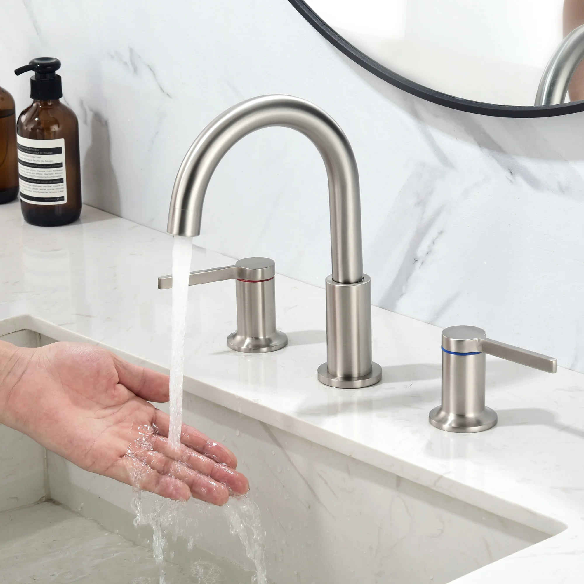 Deck Mounted Wash Basin Faucet 3 Hole 2 Handle Bathroom Faucet Brushed ...