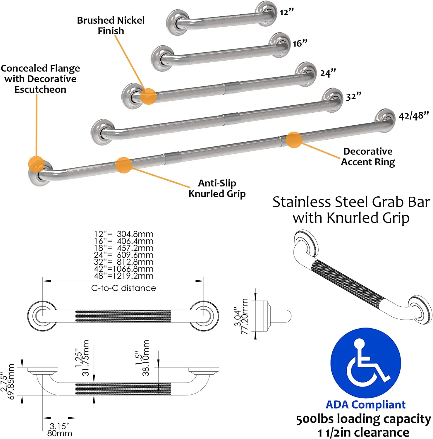 Knurled Balance Bar 304 Stainless Steel Safety Support Grab Bar - Buy ...