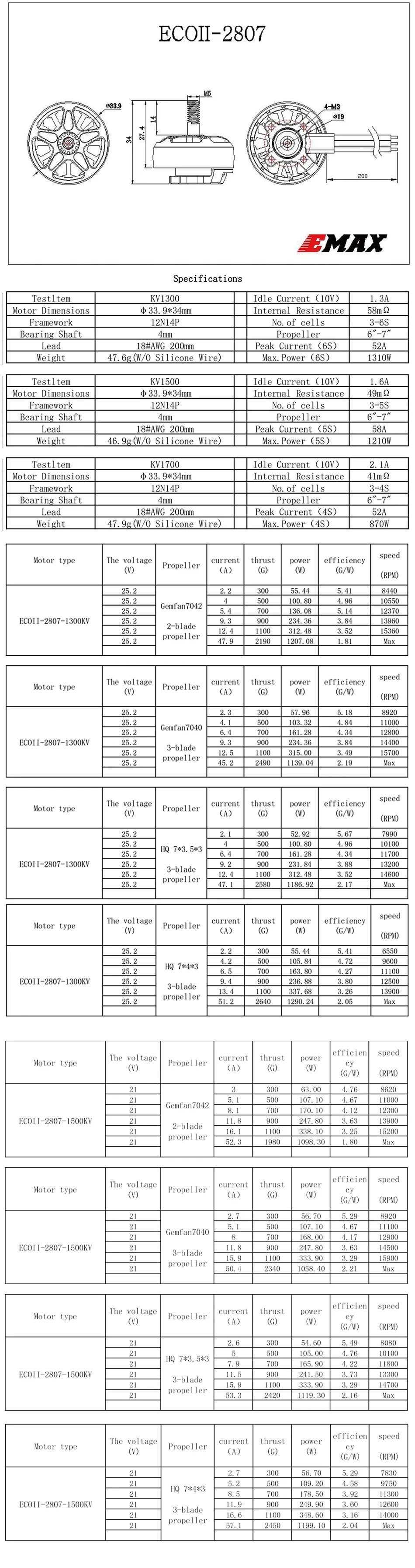 EMAX ECO II 2807 1300KV 6S / 1500KV 5S / 1700KV 4S Brushless Motor 4mm ...