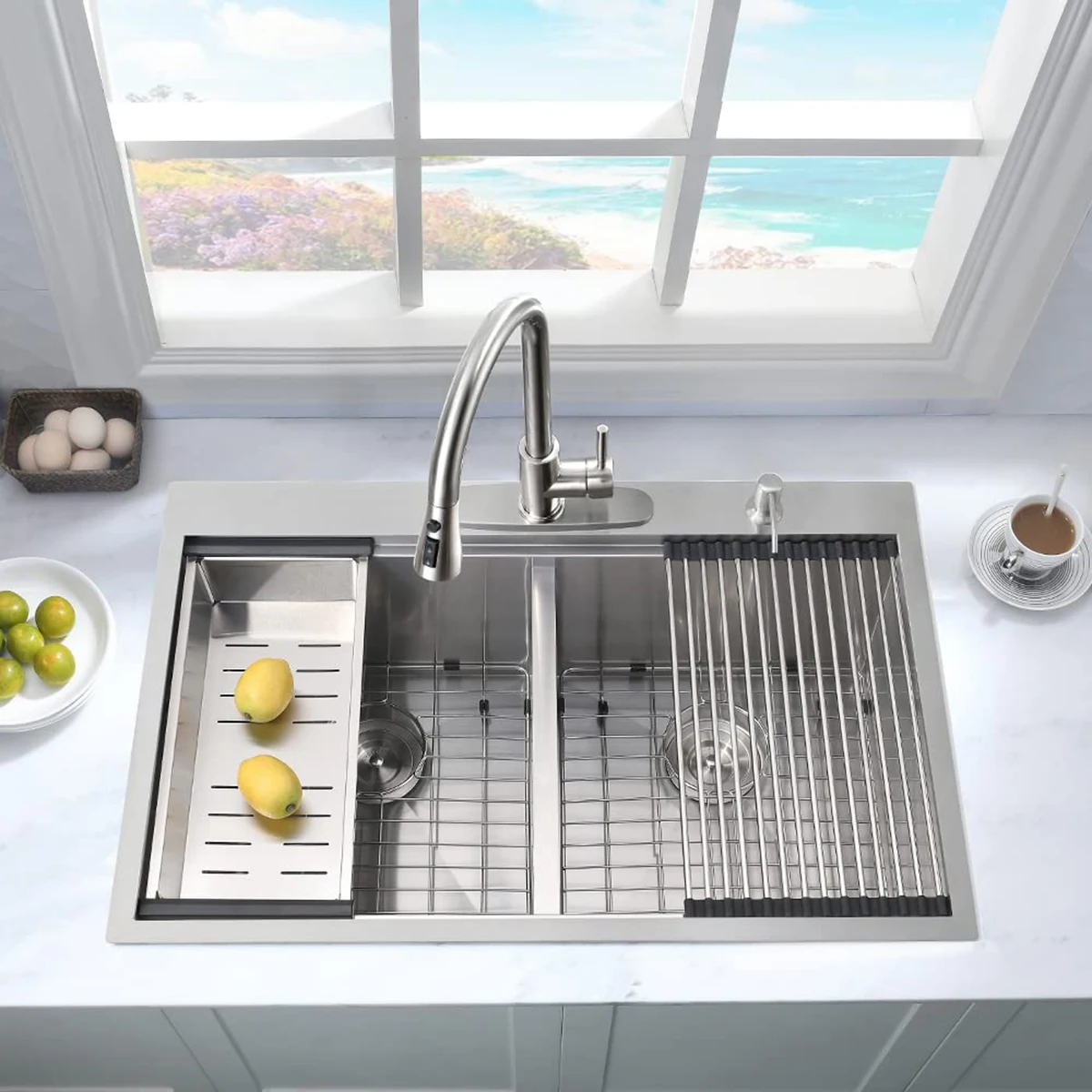 American-Style Above-Counter Double Bowl Handmade Sus304 Kitchen Sink ...