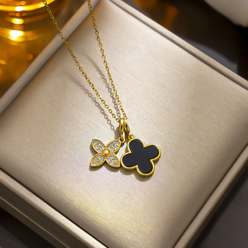 Luxury Four Leaf Clover Titanium Steel Necklace Chain Classic Double ...