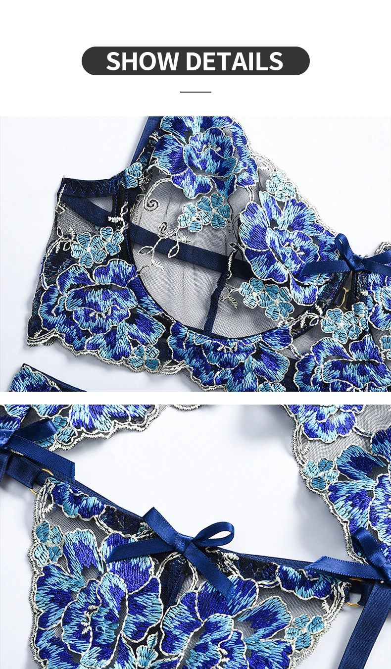 2022 Hot Three Piece Women's Luxury Red Floral Embroidery Revealing ...