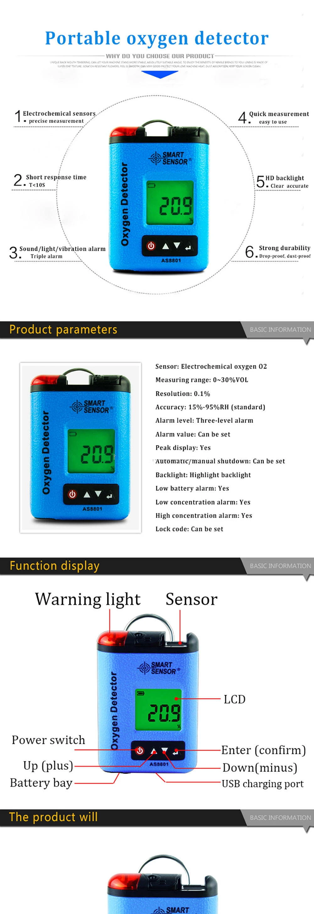 AS8801 Oxygen Gas Monitor Detector - 0~30% VOL Precision