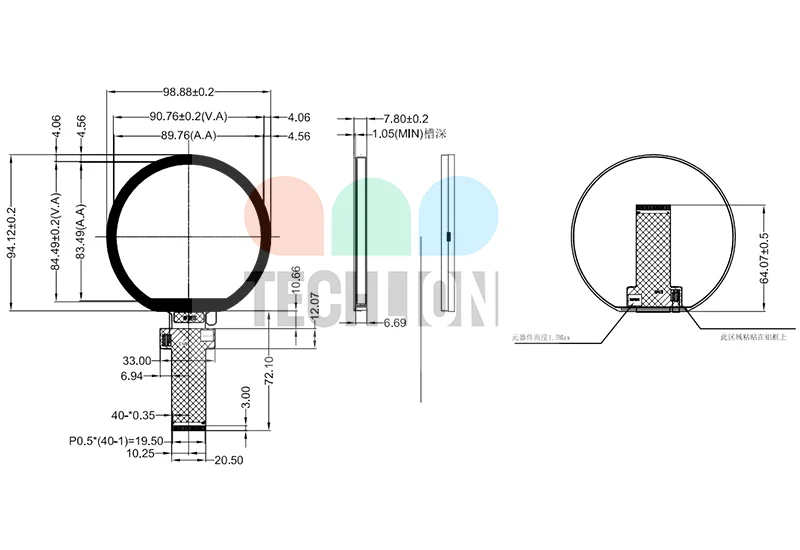 Touch Customizable 3.6 Inch 544*506 Resolution Round Shape Tft Lcd Display Interface Rgb 40 Pin ...