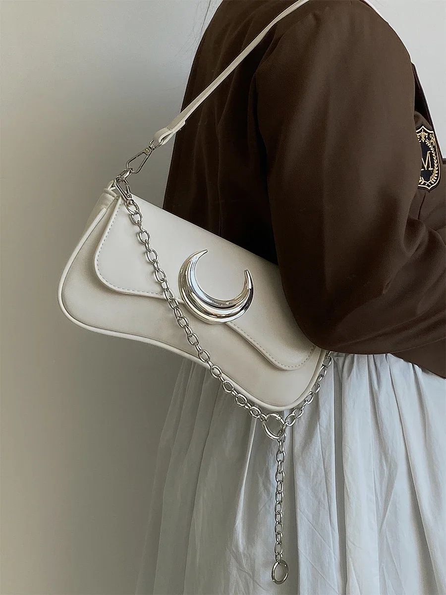 Y2k Cool Girls Black Shoulder Bags Moon Lock Women's Chain Underarm Bag ...