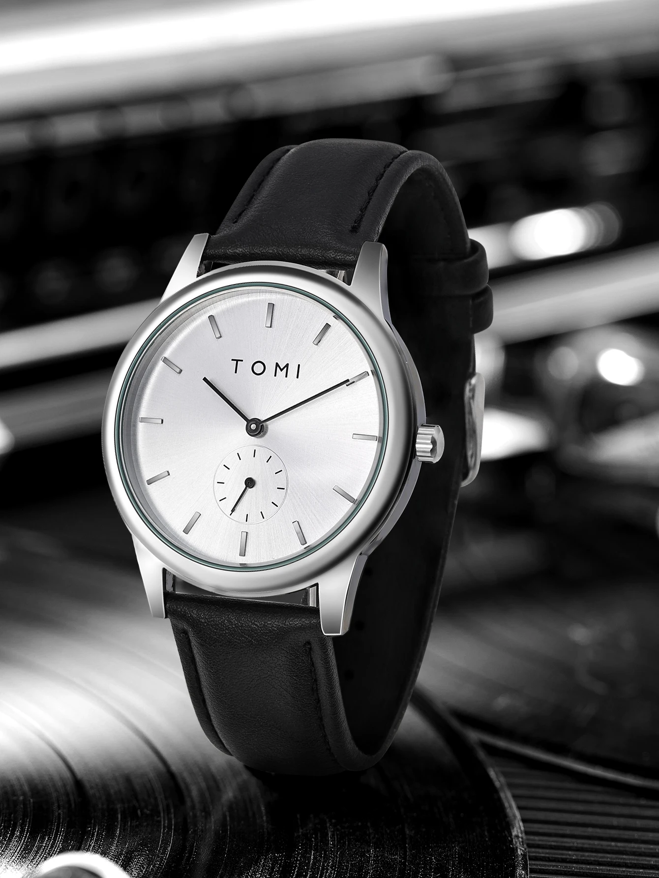 TOMI Dual Dial Antique Quartz Watch - 40mm Glass Dial, Leather Band ...