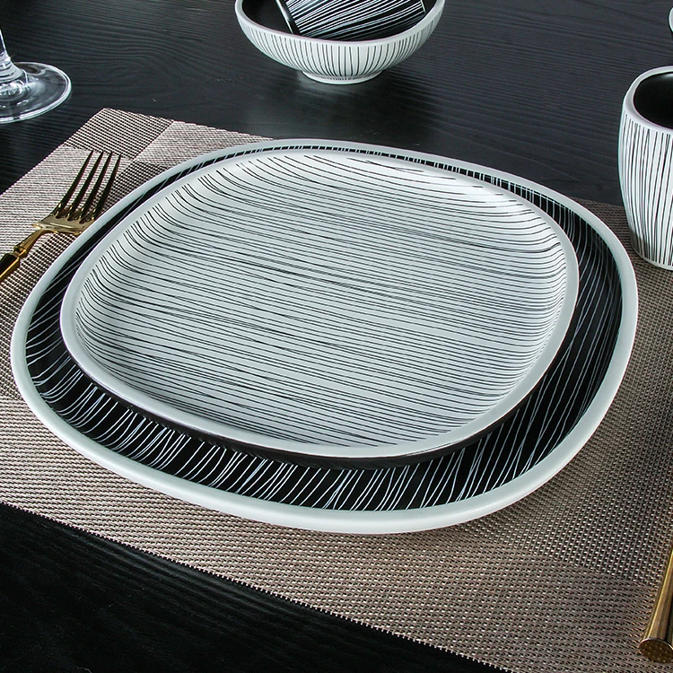 New European Modern Black White Line Tableware Kitchen Plates Sets ...