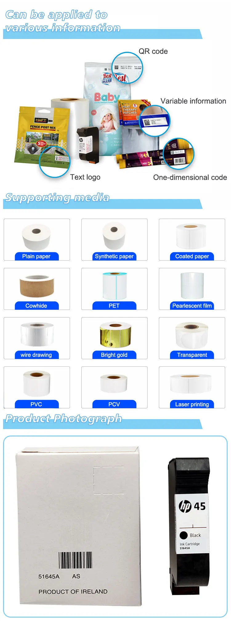 TIJ Inkjet Printer 51645A Model Ink Cartridge Slow Drying High-capacity ...