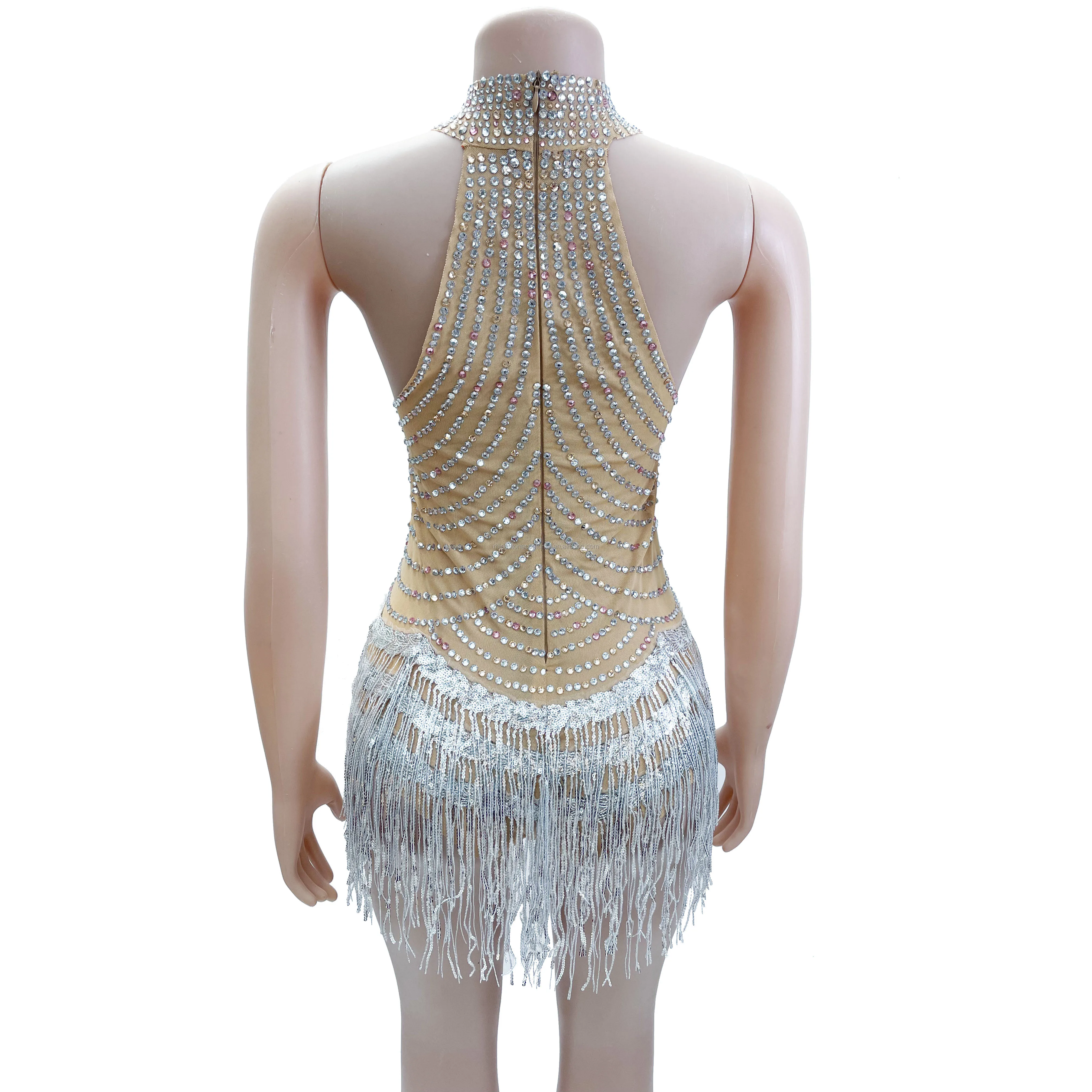 Promotion Rhinestone Tassel Sexy Women Mesh Crystal Club Dress
