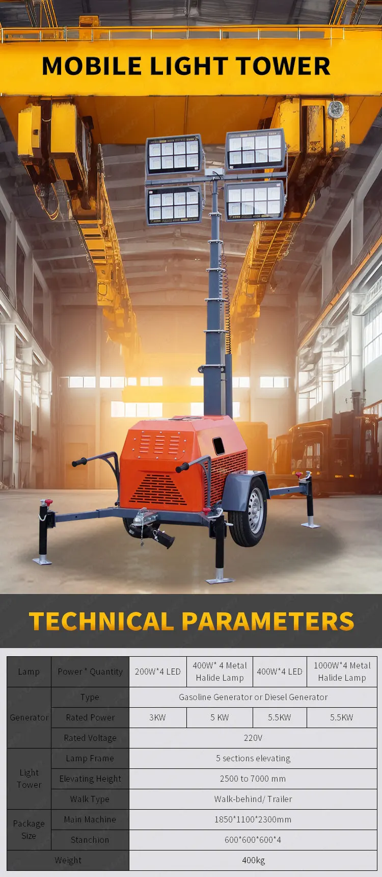 4*1000w Portable Lighting Tower Multifunction 7m Trailer Mobile Light ...