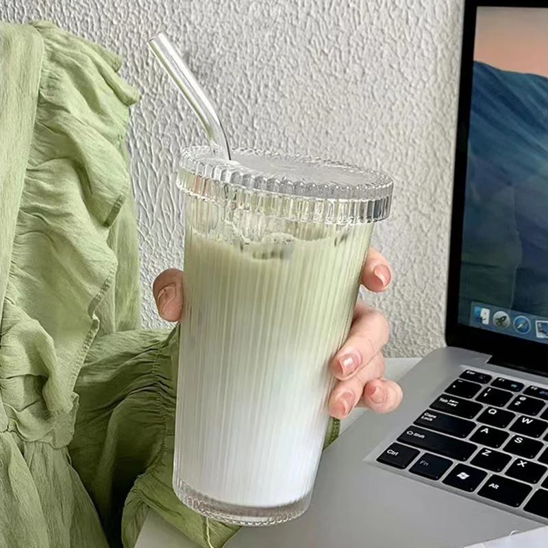 375ml Transparent Bubble Tea Cup Simple Ribbed Vertical Stripes Glass ...