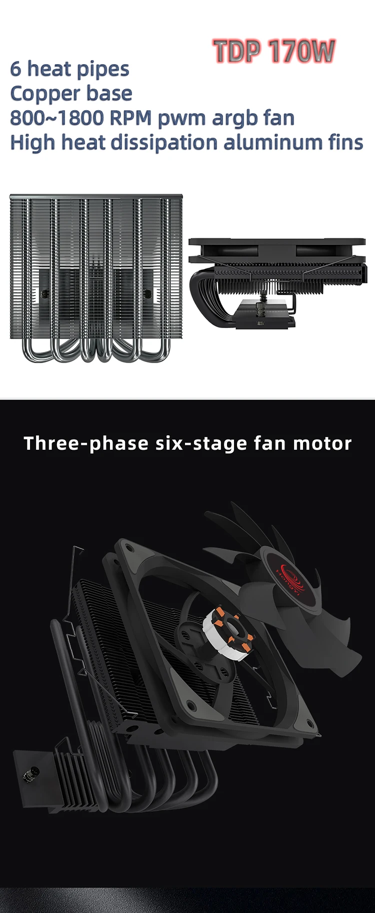 Slim Itx CPU Cooler with 6 Heat Pipes Radiator ARGB PWM Compatible with ...