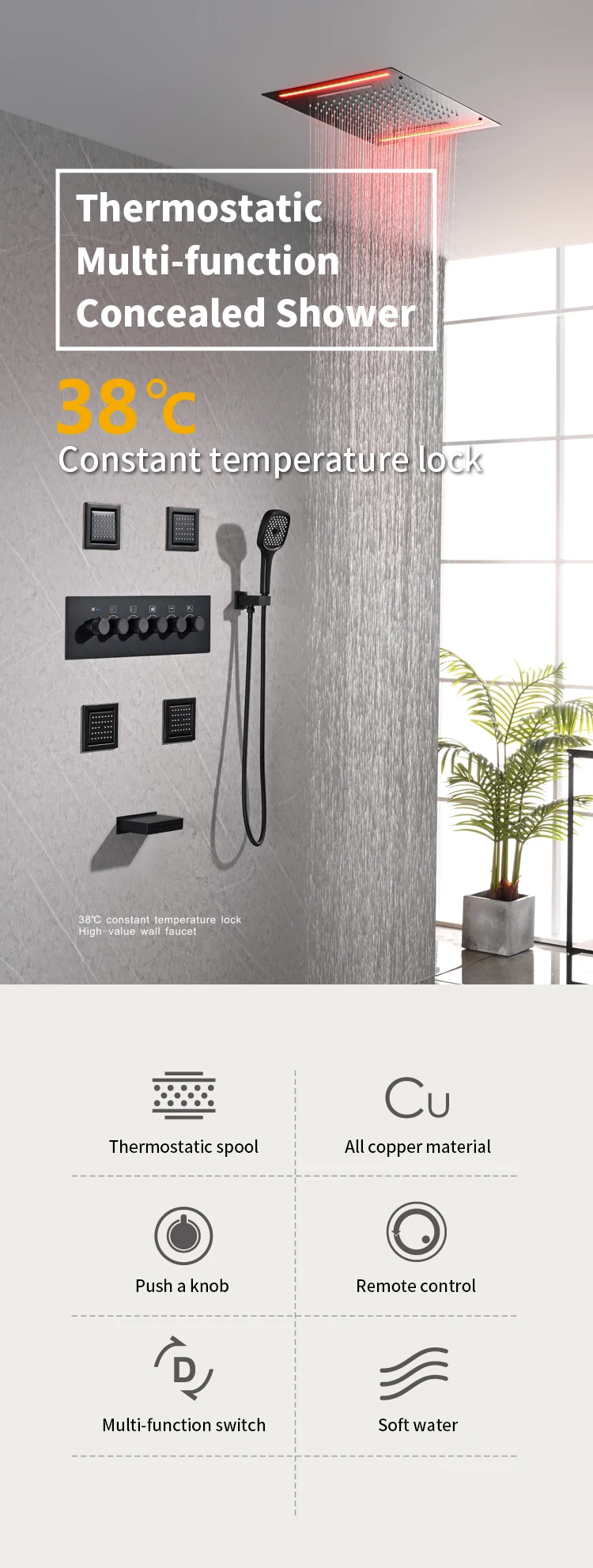 High Quality Waterfall Concealed Thermostatic Shower System Smart ...