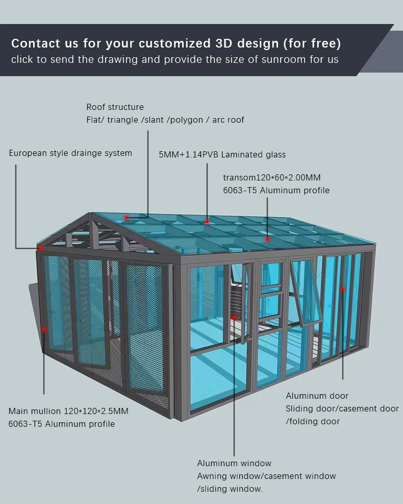 Customized Sunroom Conservatory Greenhouse Skylight Roof Window Sunroom Glass House Aluminium