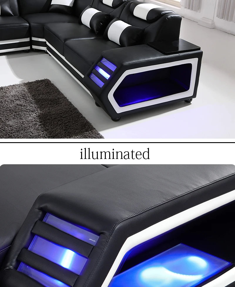 Sofa Set With Led Lights Leather Living Room Furniture U-shaped ...