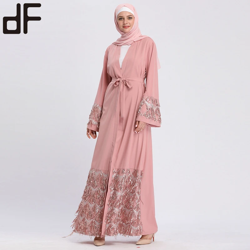OEM Modest Wear Turkiye Arabian Dresses Women Abaya Front Open Sequined ...