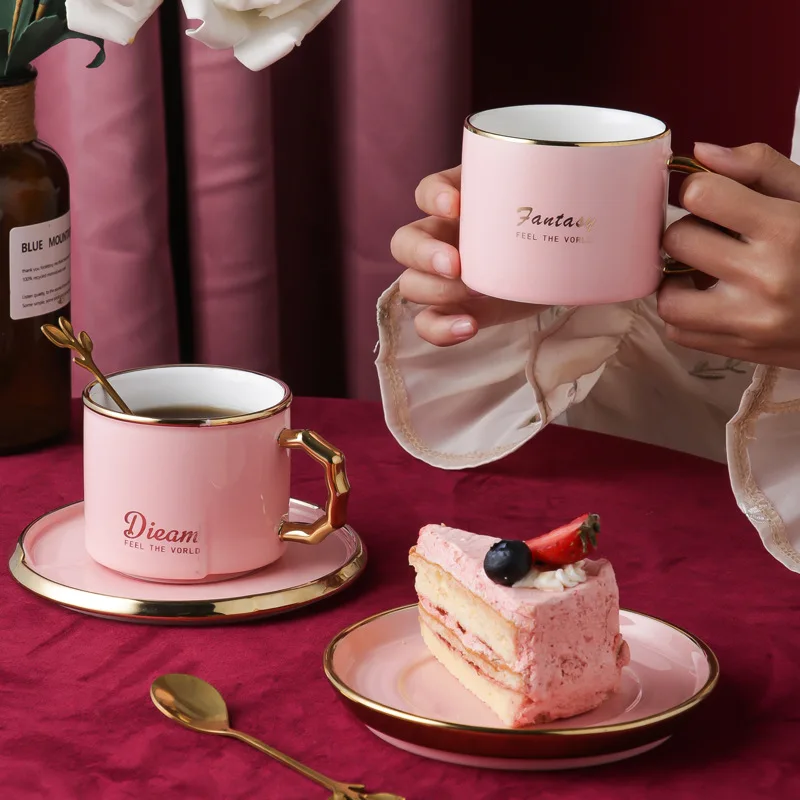 Modern Tea Cups and Saucers Set - Pink Ceramic Coffee Cup