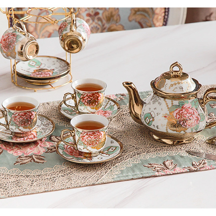 Luxury Flower Design Milk Ceramic Coffee Teapot & Cup Sets