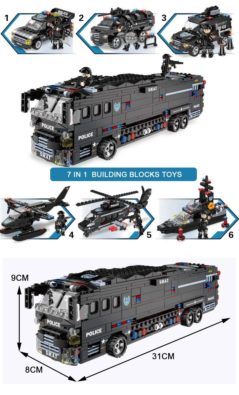 SWAT Combat Bus City Police Car Building Block Bricks Toys Set