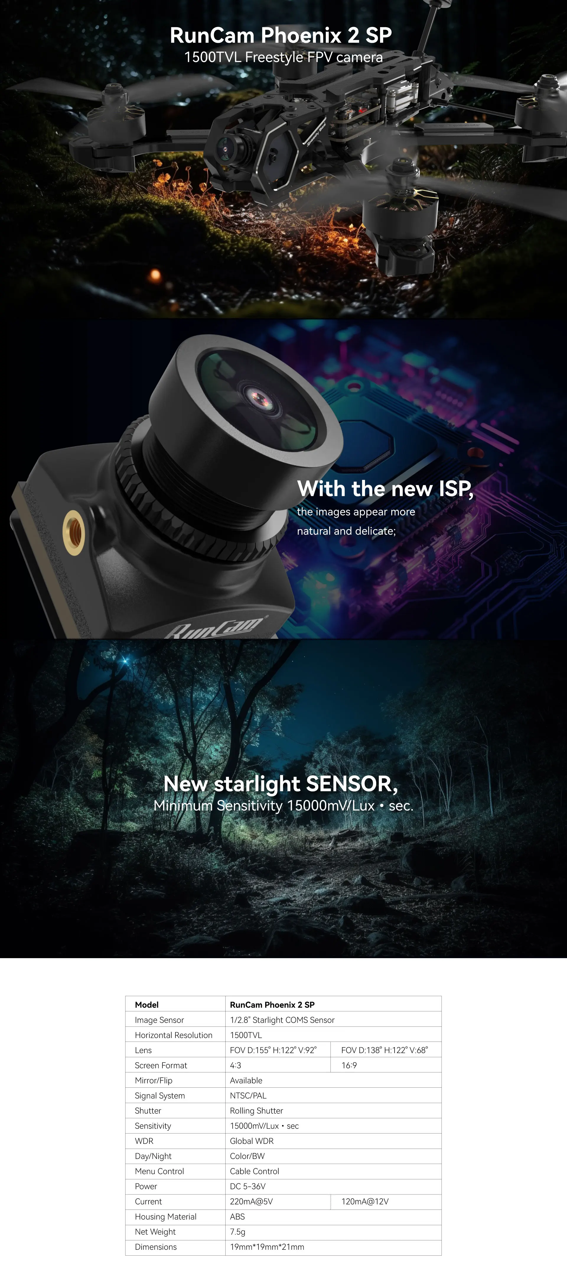Runcam Phoenix 2 Sp V3 Camera Dc 5-36v Screen Ratio 4:3/16:9 7.5g 19*19 ...