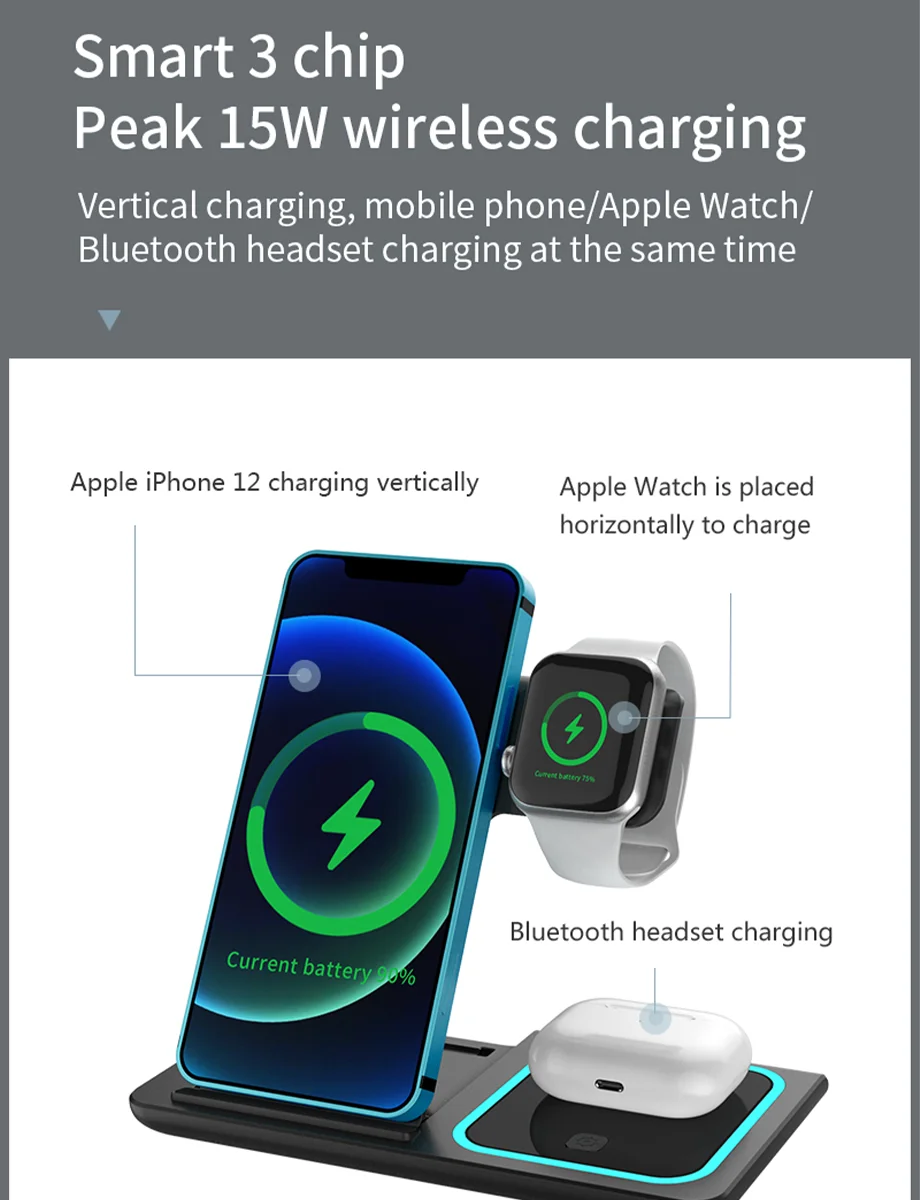 3 In 1 Wireless Charger Stand Fast Charging Cell Phone Holder Portable ...