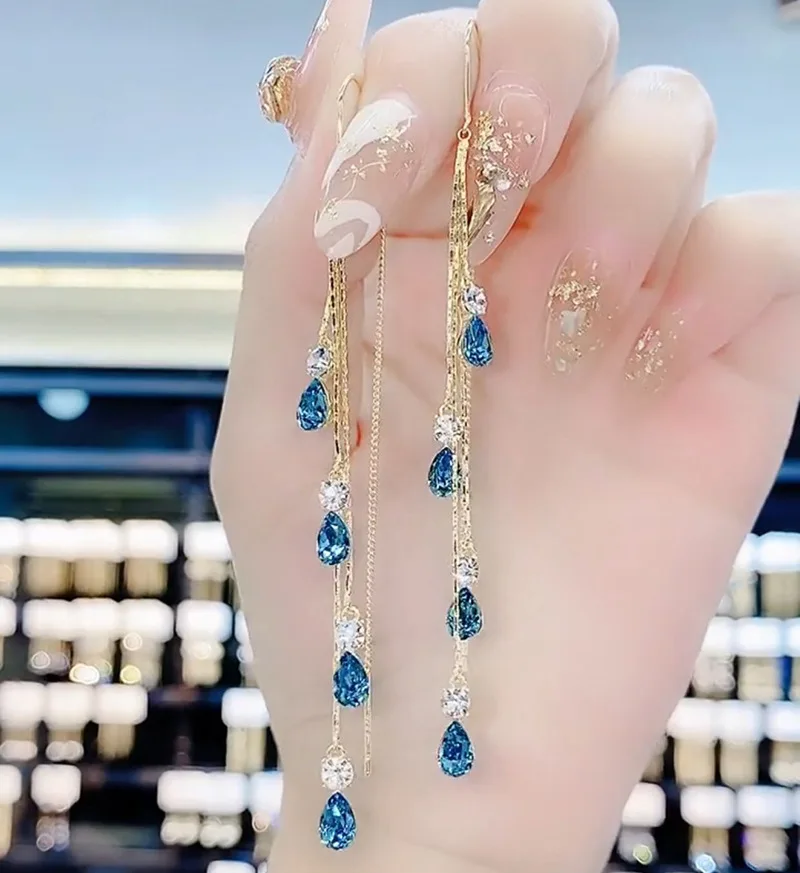Gold Trend Long Wire Tassel Thread Chain Zircon Drop Pendants Crystal ...