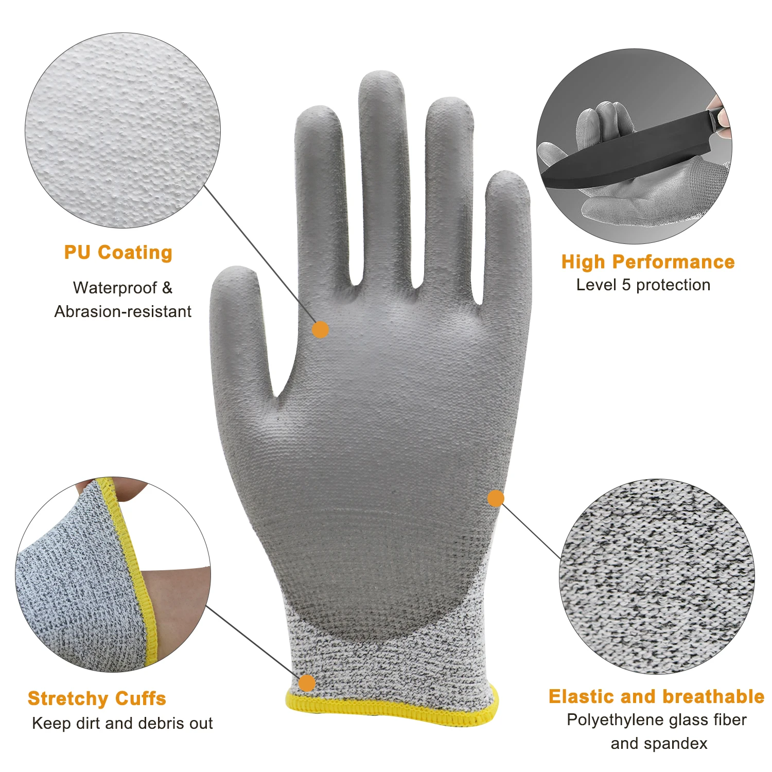 HPPE PU Dipped Cut-Resistant Gloves for Glass Handling