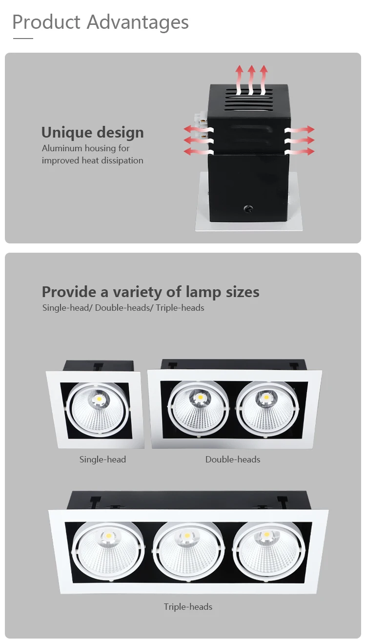 10W 20W 30W Double Head Rectangle Adjustable Grille down Light COB ...