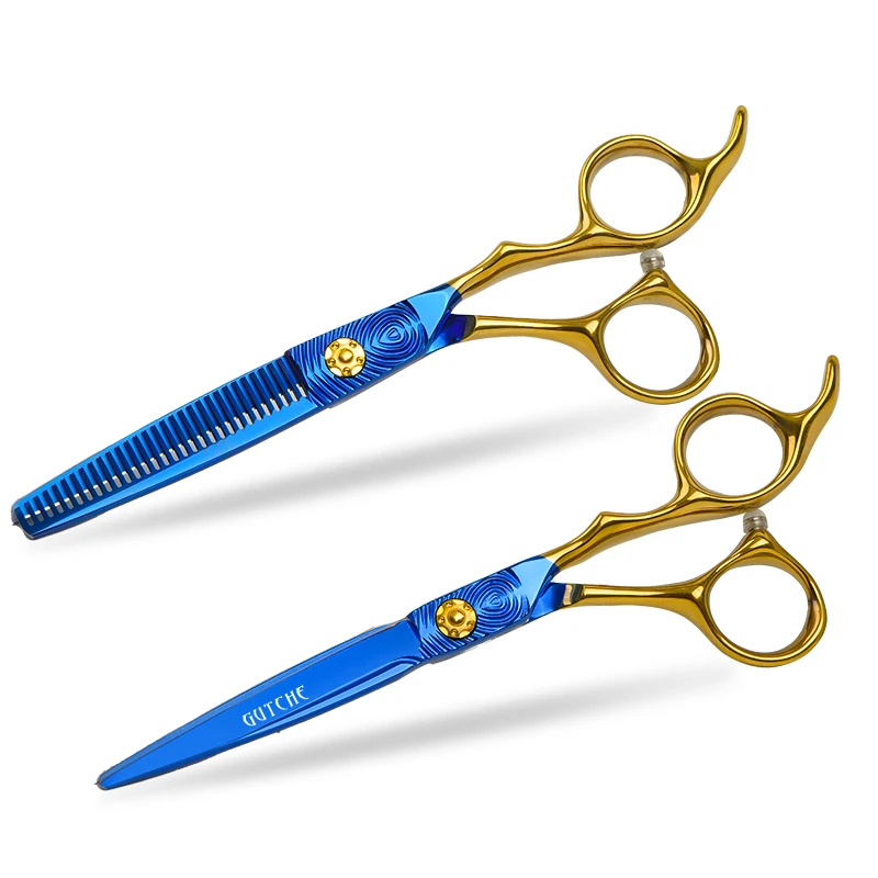 Fashion design hair salon scissors Blue and gold Stainless steel barber ...