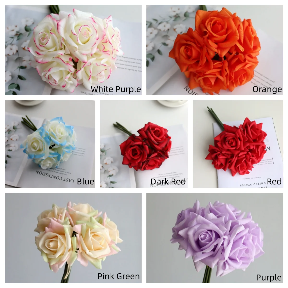 5 Heads Artificial Real Touch Latex Faux White Pink Rose Bouquet for ...