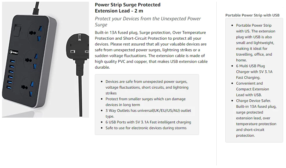 Universal Extension Lead with 6 USB Ports & Surge Protection